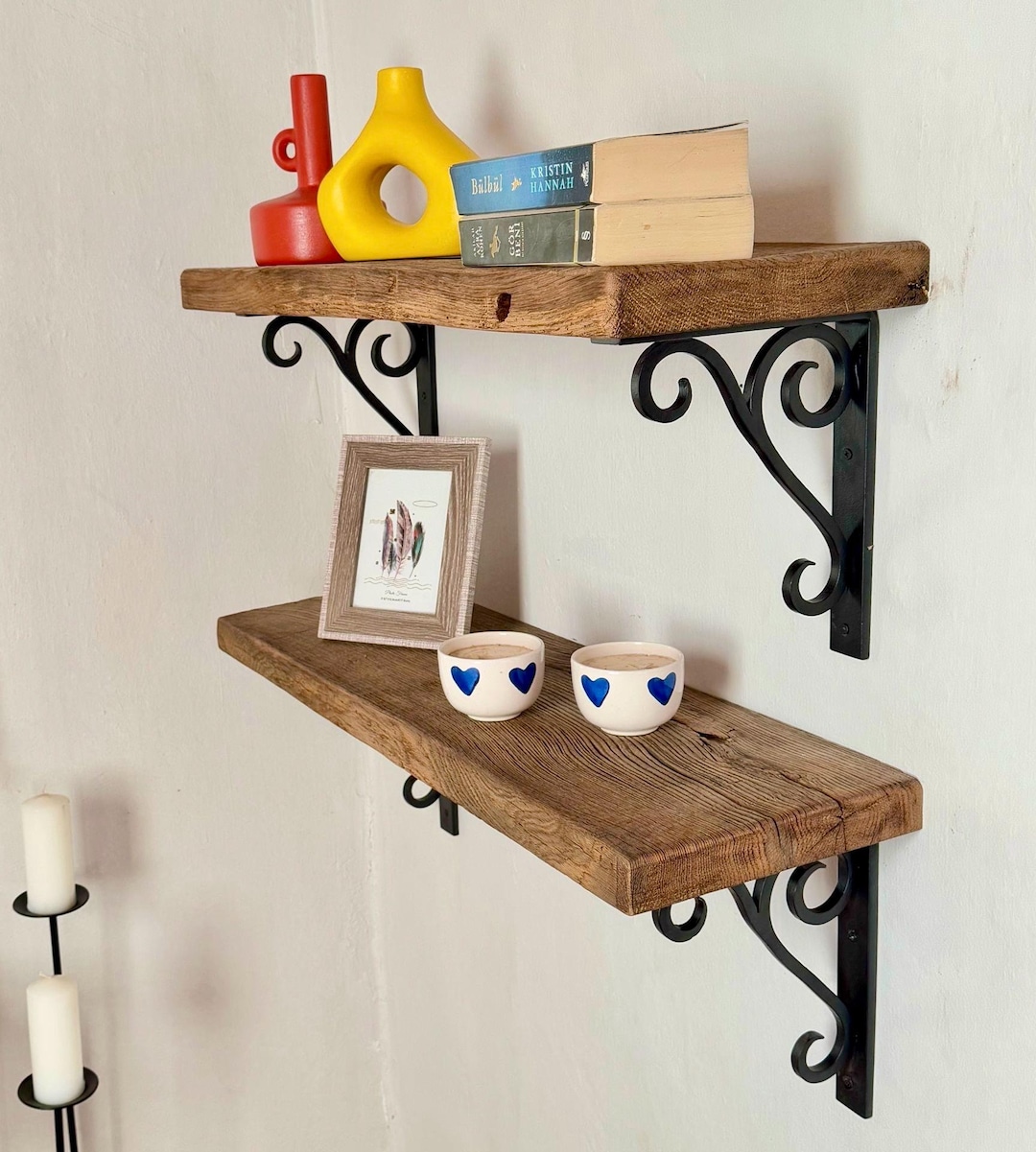 Rustic Oak Shelf With Metal Shelf Brackets, Farmhouse Wood Shelf With ...