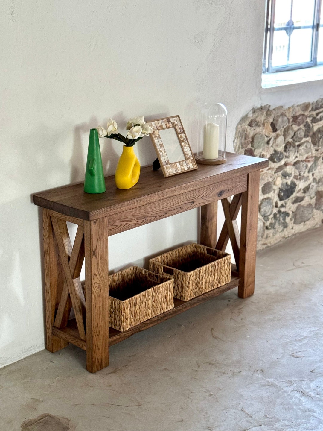 X Style Custom Console Table With Shelf, Reclaimed Oak Entryway Console ...