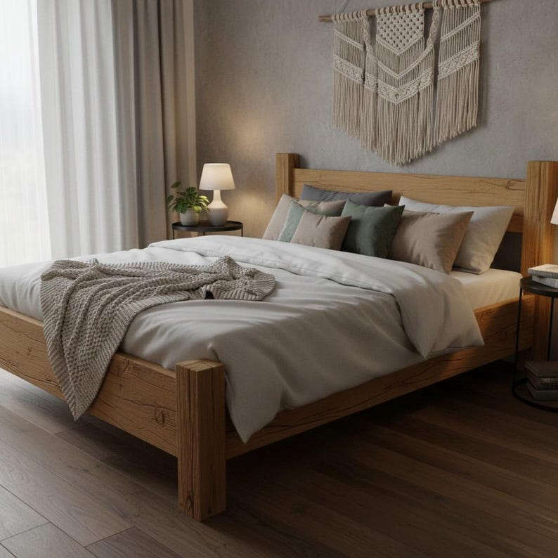 Modern Rustic Oak Bed Frame – Japandi Low Platform Design, Handmade ...