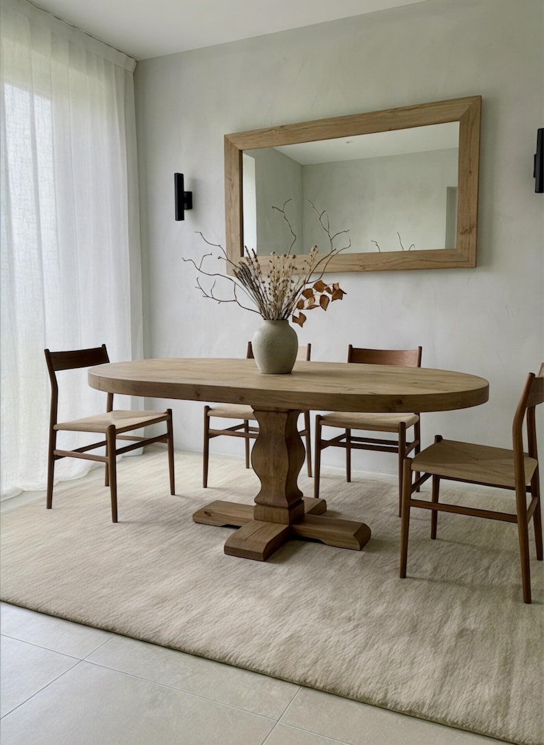 Reclaimed Oak Oval Dining Table – Sculptural Pedestal Base, Organic ...