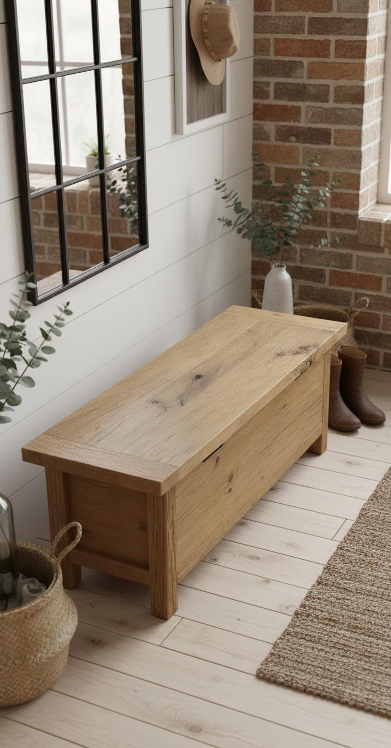 Handcrafted Rustic Oak Storage Bench – Multipurpose Entryway, Hallway ...