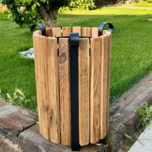 Reclaimed Wood and Metal Garden Trash Can, Outdoor Wood Garbage Bin ...