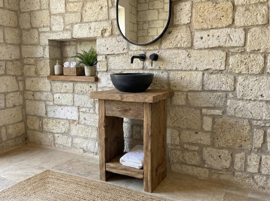 Rustic Oak Bathroom Vanity – 20” Reclaimed Wood Cabinet With Black ...