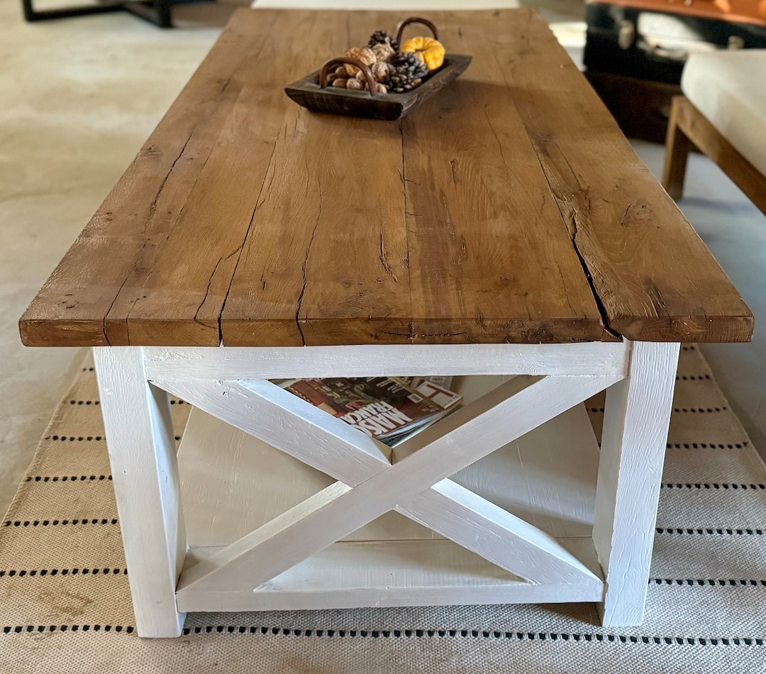 Rustic Farmhouse Wood Coffee Table With Shelf and Cross Legs - Etsy