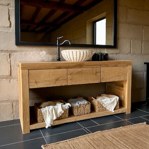 Rustic Oak Bathroom Vanity With Drawers: Farmhouse Reclaimed Wood ...