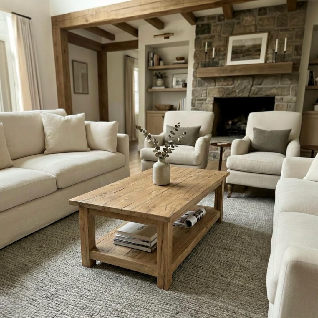 Reclaimed Oak Long Coffee Table With Shelf - Modern Farmhouse Living ...