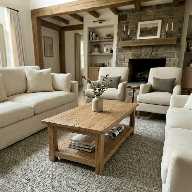 Reclaimed Oak Long Coffee Table With Shelf - Modern Farmhouse Living ...