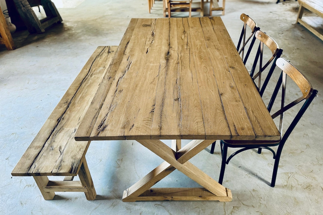 Rustic Reclaimed Oak Dining Table Bench, Farmhouse Dining Table Set ...