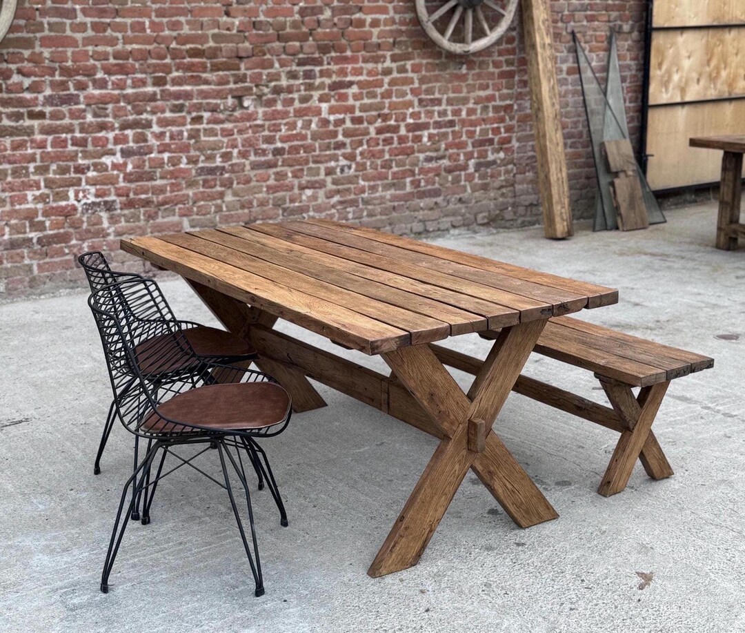 X Legs Farmhouse Dining Table and Bench Set, Outdoor Dining Table for ...