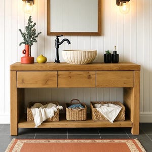 Rustic Oak Bathroom Vanity With Drawers: Farmhouse Reclaimed Wood ...