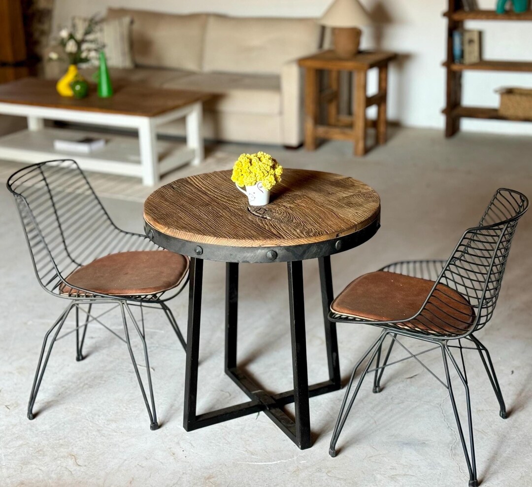 Reclaimed Wood Round Table, Barn Wood and Metal Frame Table, Small ...