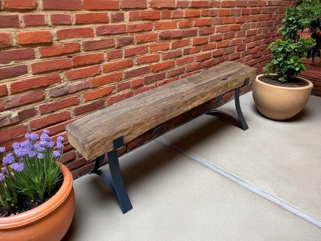 Reclaimed Wood Farmhouse Bench, Metal Base - Etsy