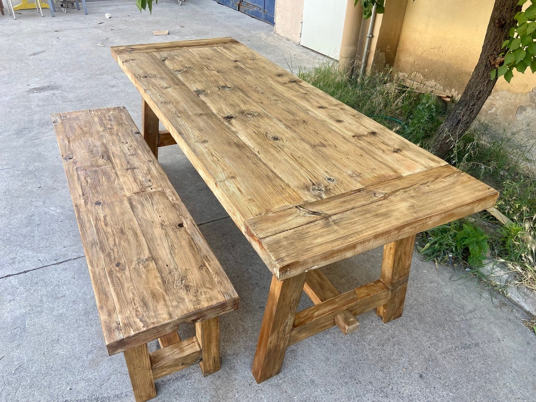 Reclaimed Oak Wood Dining Table and Bench Set: Rustic Farmhouse Style ...