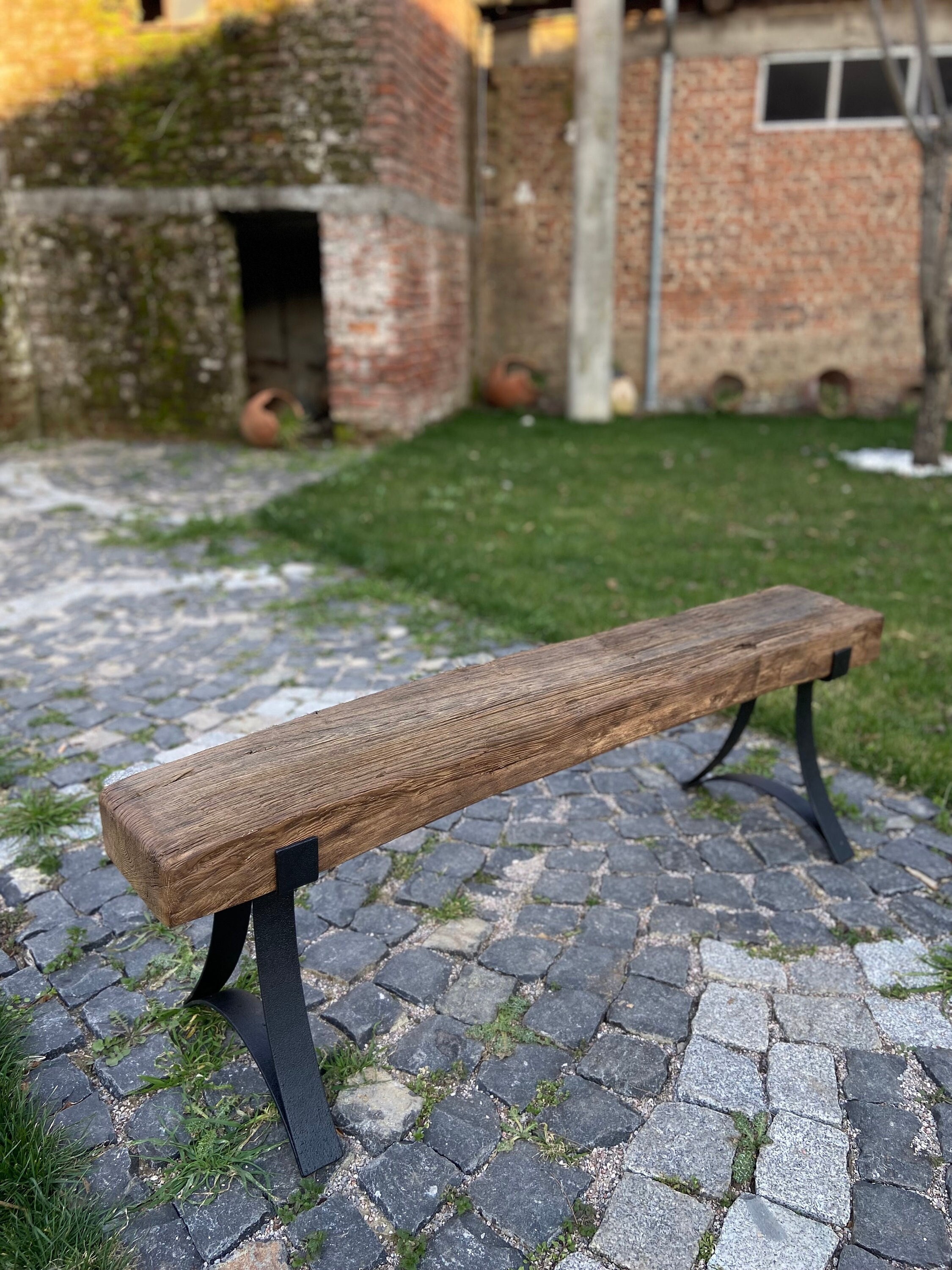 Reclaimed Wood Farmhouse Bench, Metal Base - Etsy