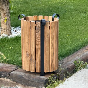Reclaimed Wood and Metal Garden Trash Can, Outdoor Wood Garbage Bin ...