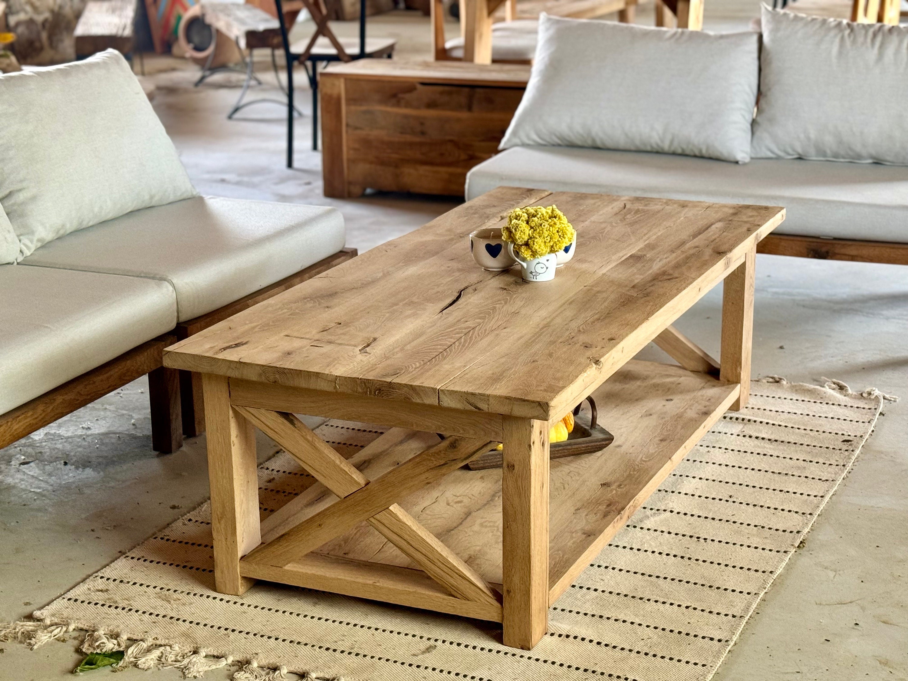 Farmhouse Coffee Table – Rustic Weathered Oak With Croos Legs and Lower ...
