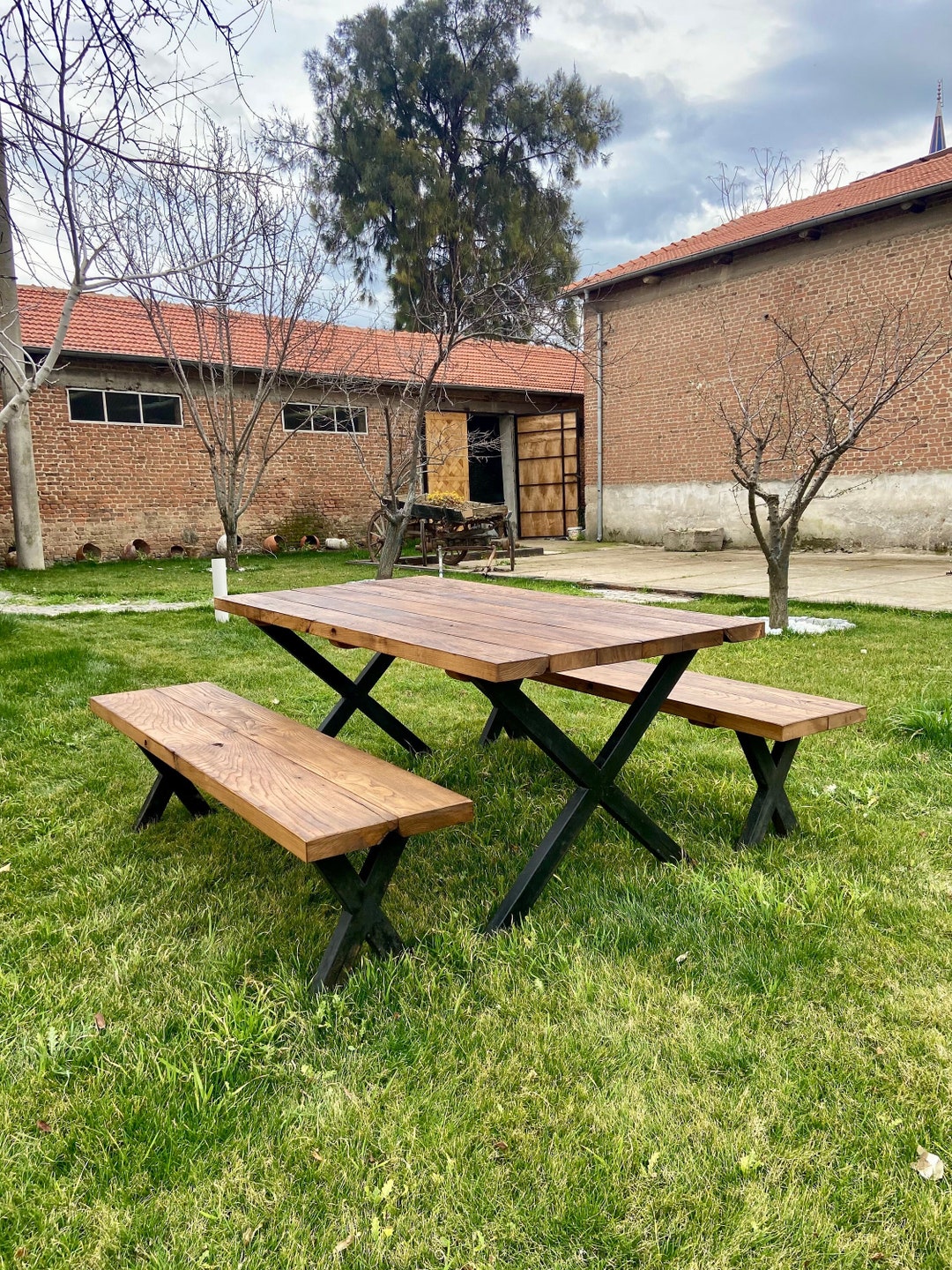 Outdoor Patio Dining Table and Bench, Rustic Patio Furniture Set ...