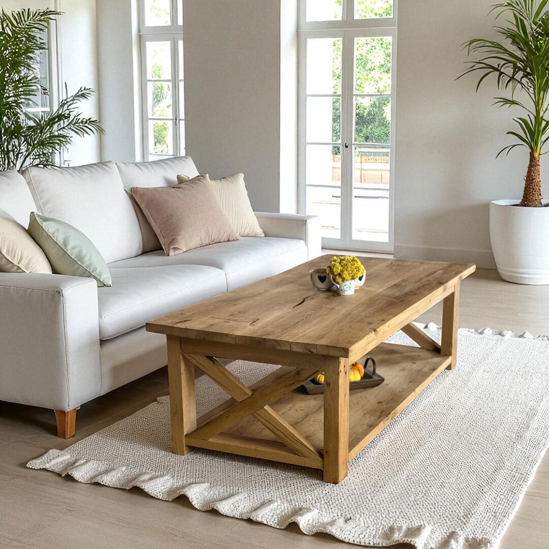 Farmhouse Coffee Table – Rustic Weathered Oak With Croos Legs and Lower ...