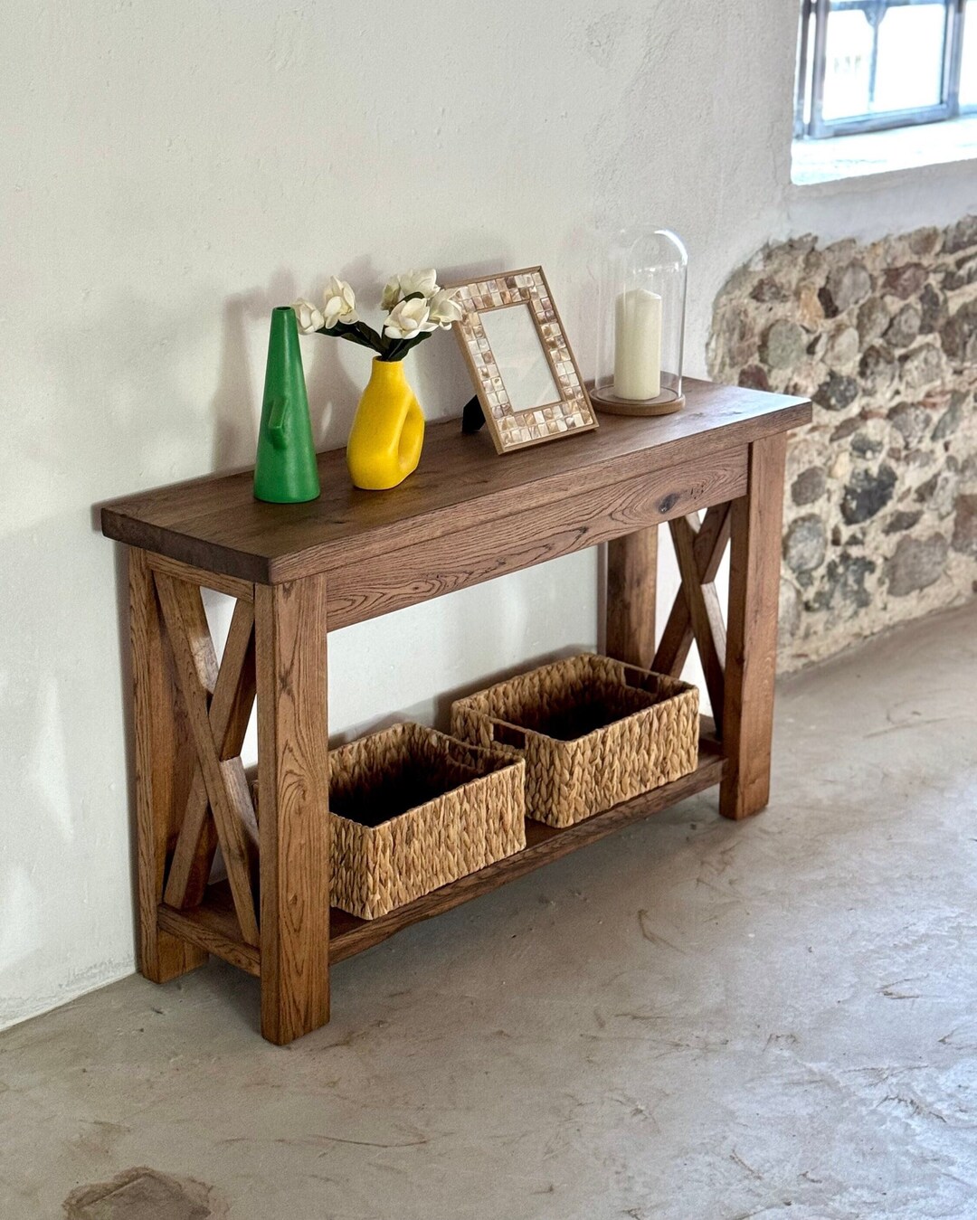 X Style Custom Console Table With Shelf, Reclaimed Oak Entryway Console ...