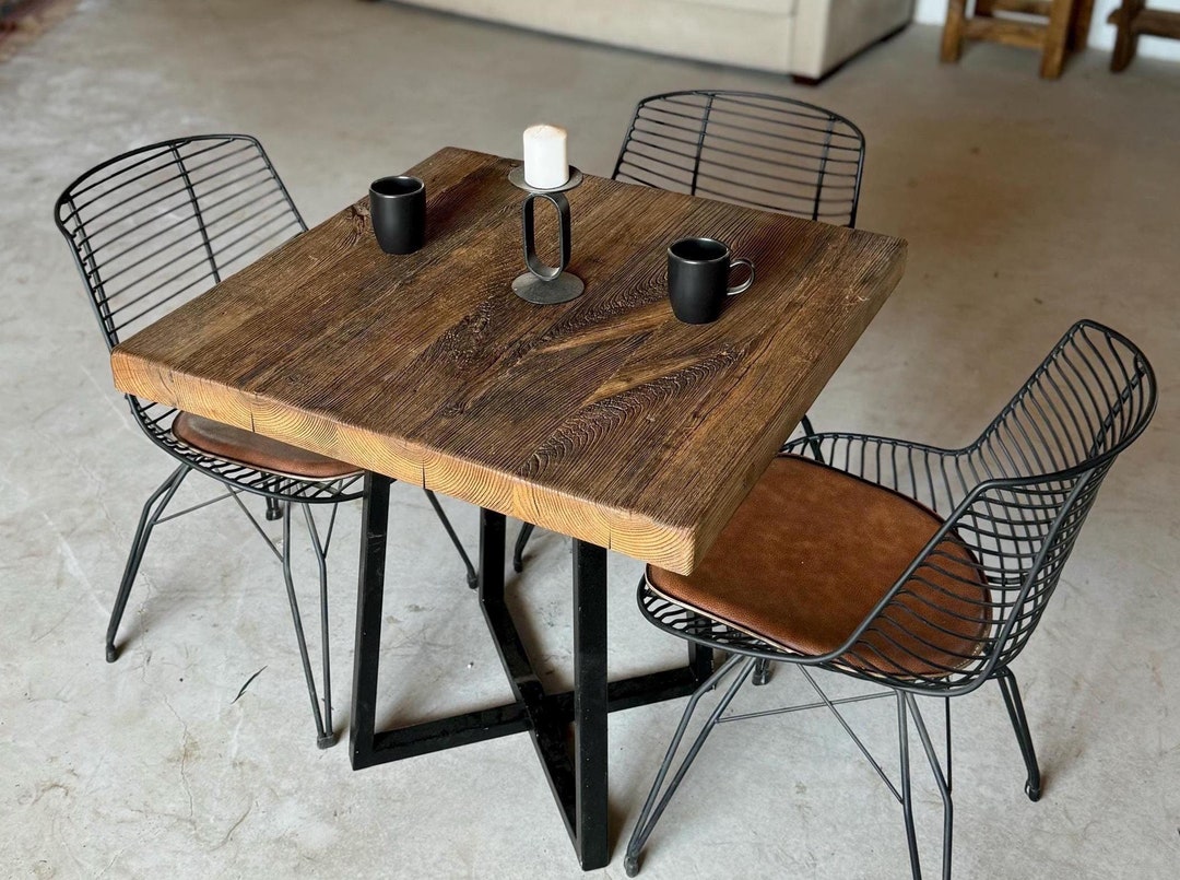 Square Thick Wood Table Rustic, Reclaimed Wood Farm Table Steel Legs ...