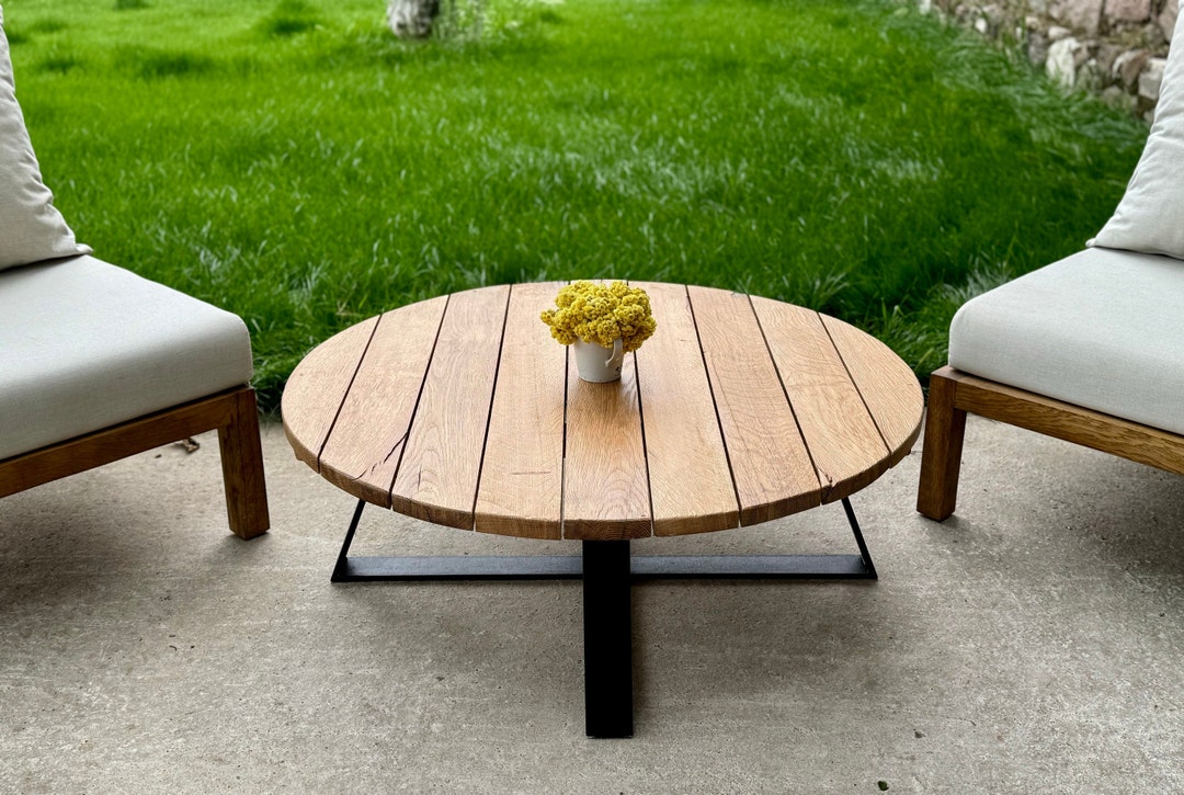 Outdoor Wood Coffee Table Round, Patio Coffee Table Metal Legs, Outdoor ...