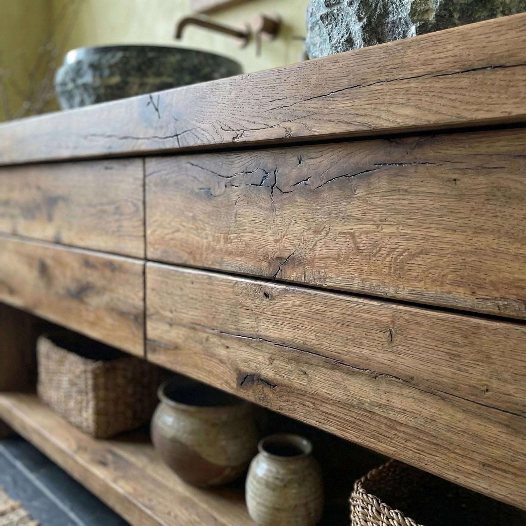 Rustic Oak Bathroom Vanity – Solid Wood Double Sink Cabinet, Stone Bowl ...