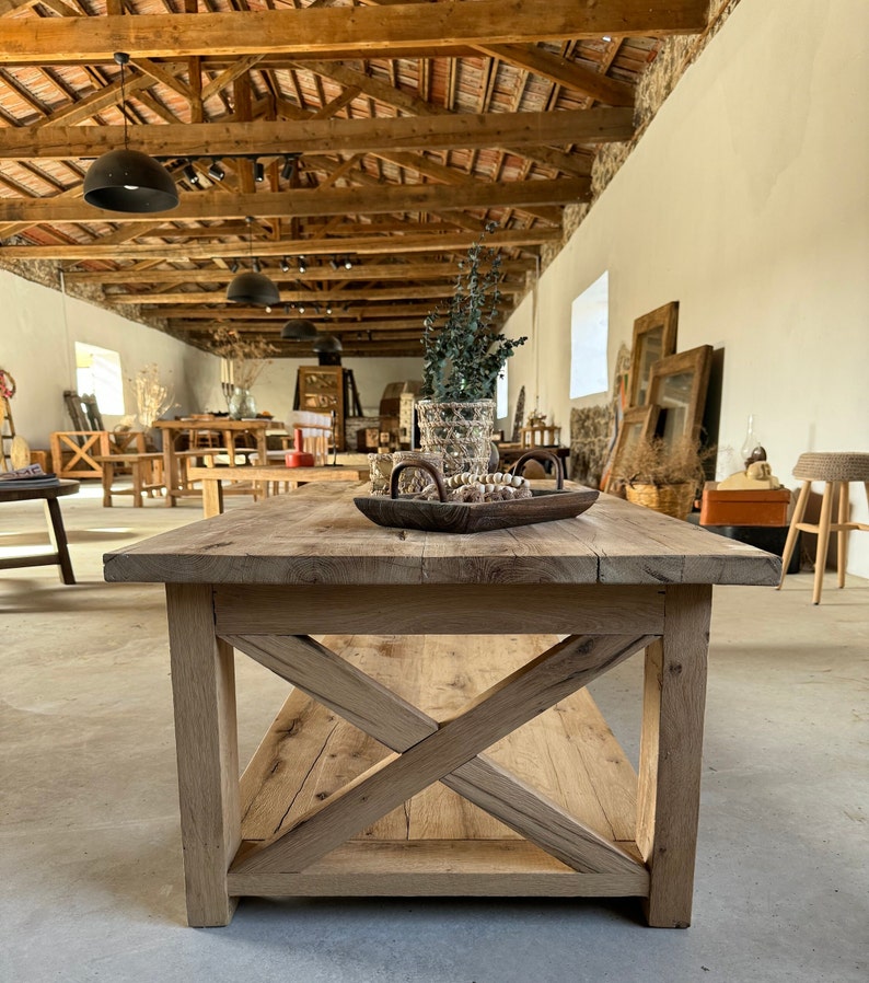 Farmhouse Coffee Table – Rustic Weathered Oak With Croos Legs and Lower ...