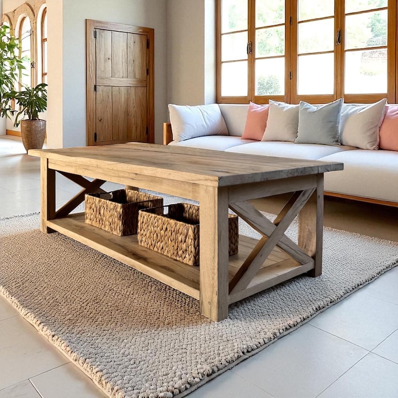 Farmhouse Coffee Table – Rustic Weathered Oak With Croos Legs and Lower ...