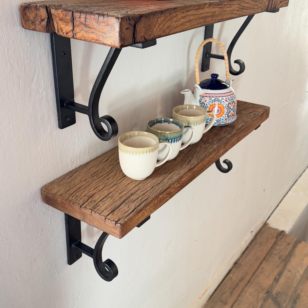 Reclaimed Oak Shelves With Black Iron, Metal Shelf Bracket and Wood ...