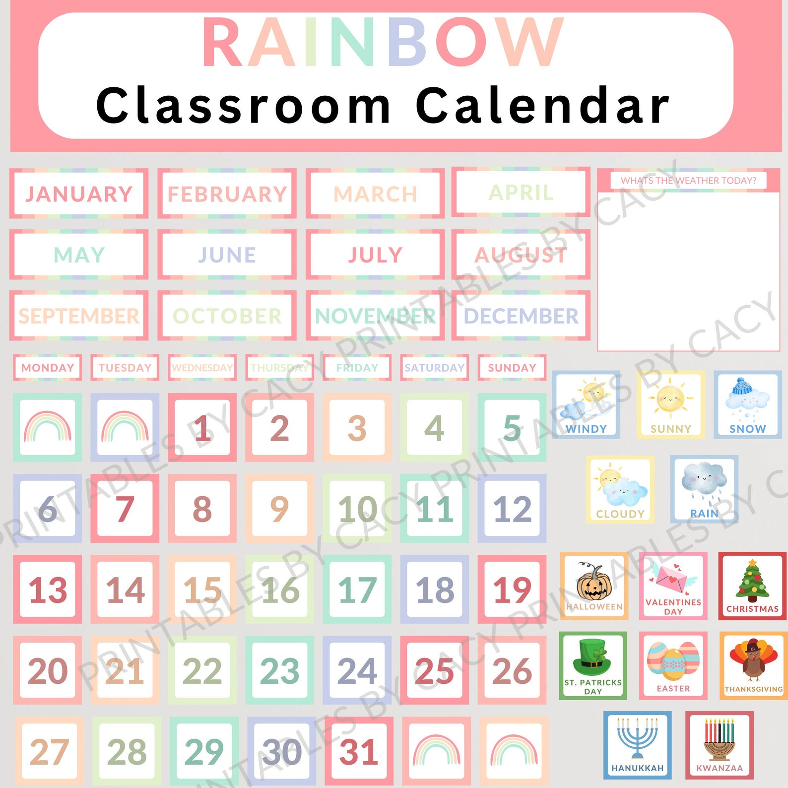 Rainbow Classroom Calendar Printable Calendar PDF With - Etsy