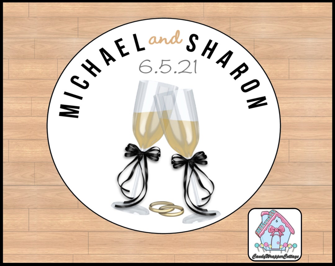Champagne Glasses Wedding Favor Labels, Round Stickers, Personalized ...