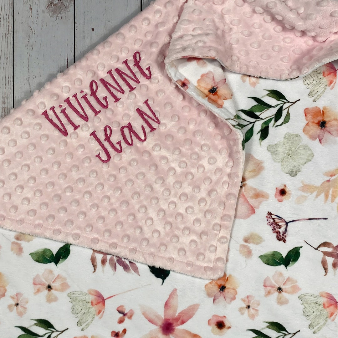 Pink Floral Baby Blanket Personalized, Custom Minky Blanket With Name ...