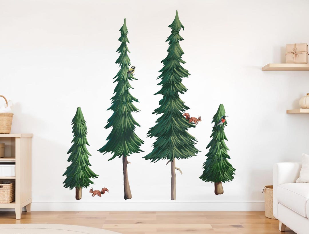 Forest Trees Wall Stickers Watercolor Pine Trees Nursery Mural Peel and ...