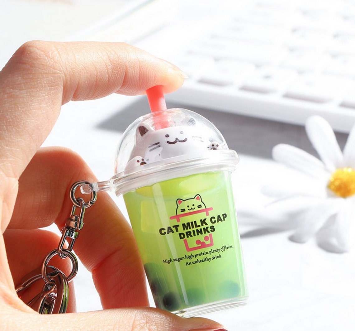 Boba Cat Keychain Cat Lady Keychain Cat Milk Cap Drinks | Etsy