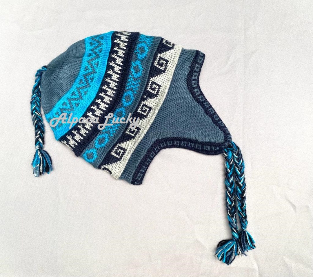 Blue Steel Unisex Peruvian Alpaca Hat Chullo With Earflaps 100% Lining ...