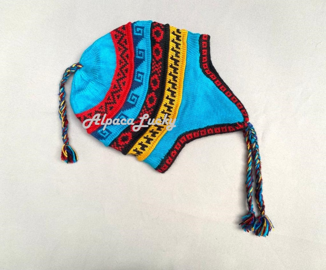 Hash Blue Unisex Peruvian Alpaca Hat Chullo With Earflaps 100% Lining ...