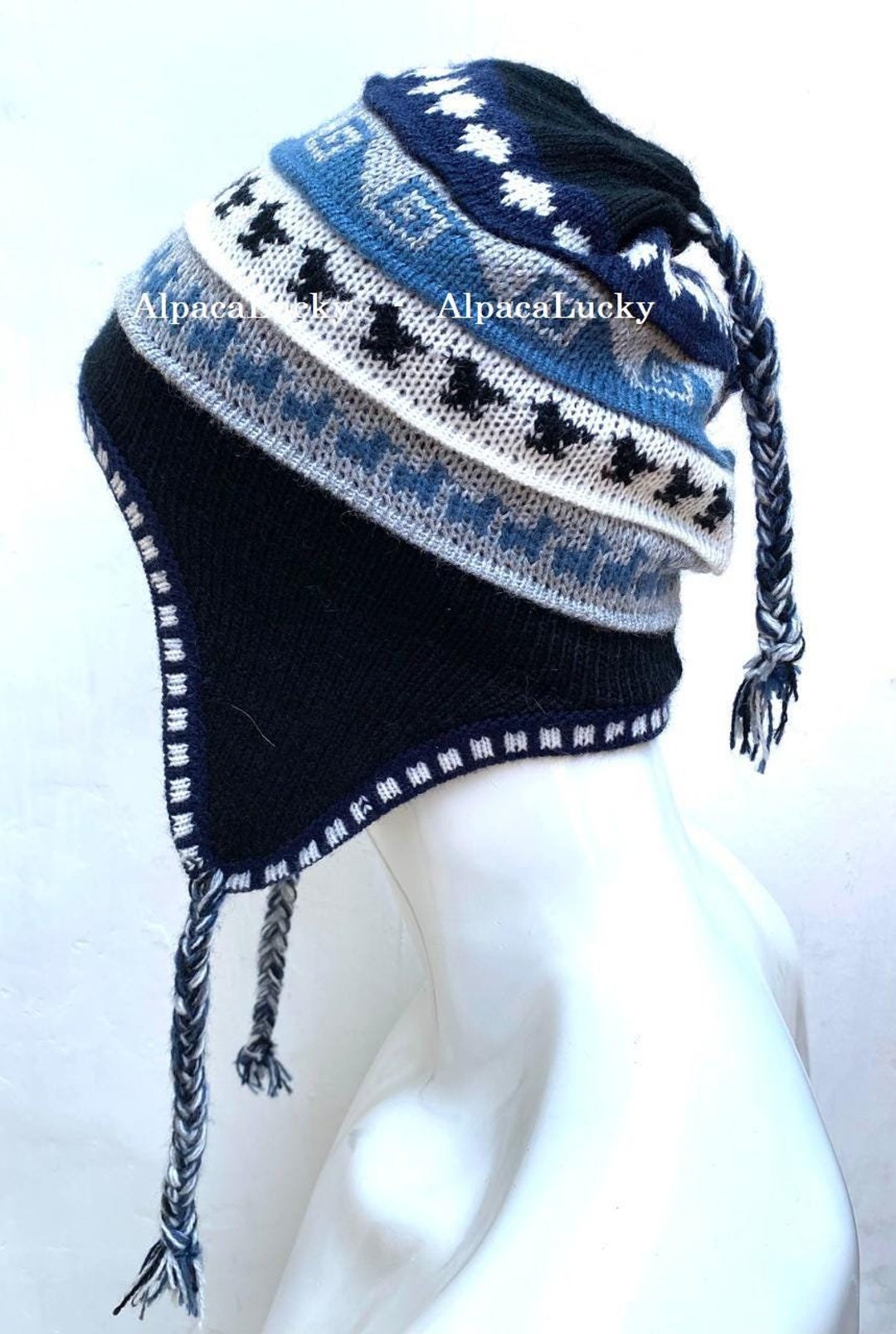 Blue/white Unisex Peruvian Alpaca Hat Chullo With Earflaps 100% Lining ...