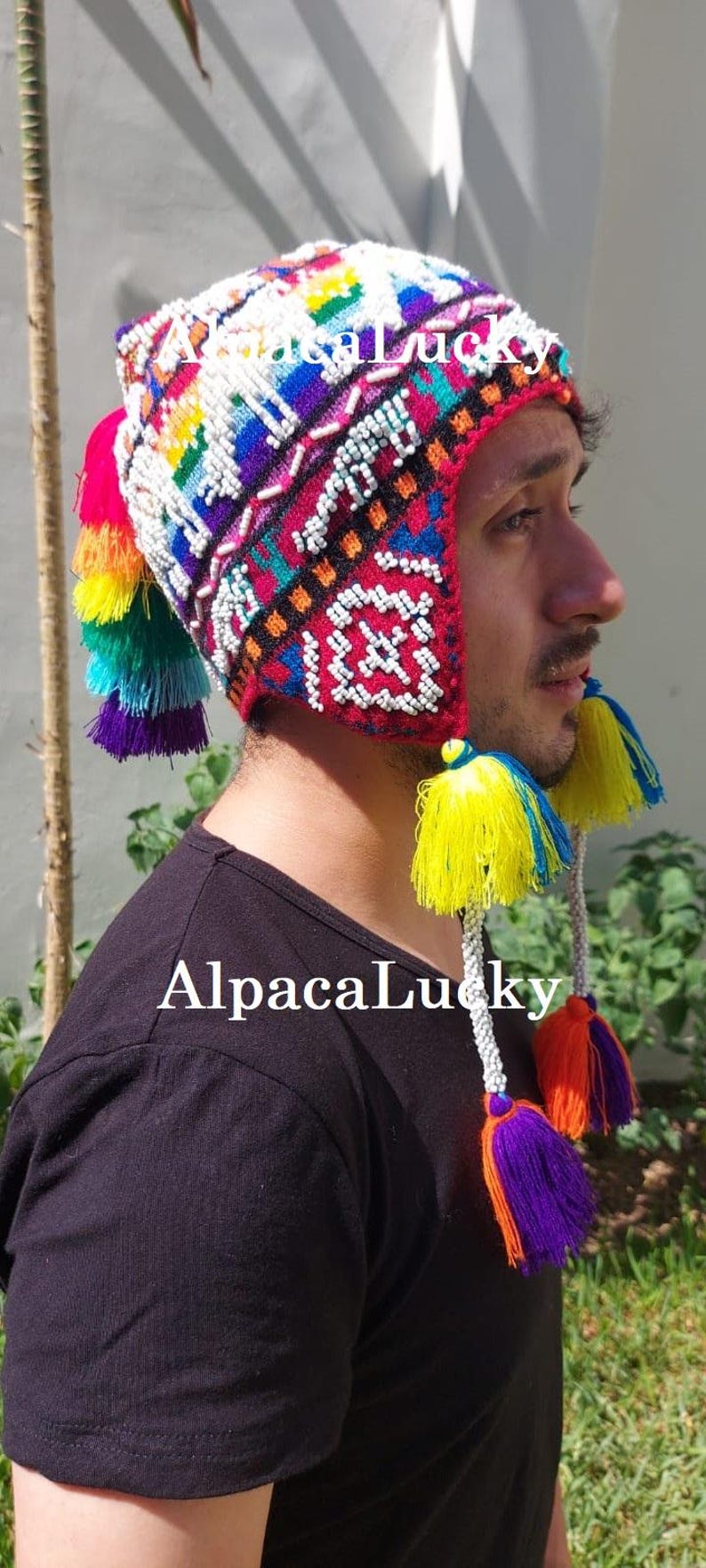 Peruvian Chullo With Beads Pom Pom Colorful Unisex Wool Earflaps Q'ero ...