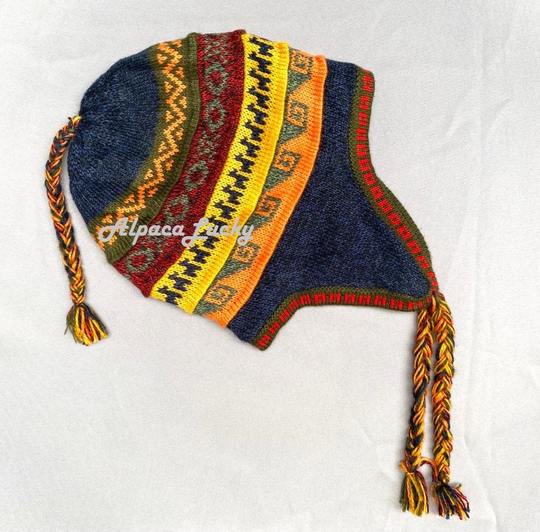 Blue/orange Unisex Peruvian Alpaca Hat Chullo With Earflaps 100% Lining ...