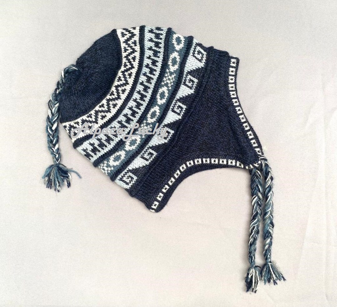 Hash Blue Unisex Peruvian Alpaca Hat Chullo With Earflaps 100% Lining ...