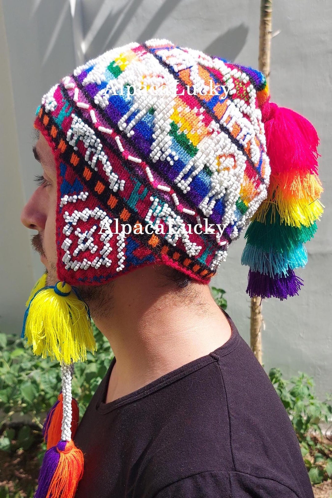 Peruvian Chullo With Beads Pom Pom Colorful Unisex Wool Earflaps Q'ero ...