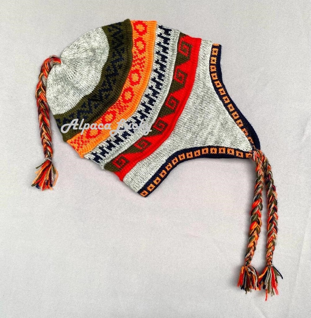 Gray/orange Unisex Peruvian Alpaca Hat Chullo With Earflaps 100% Lining ...