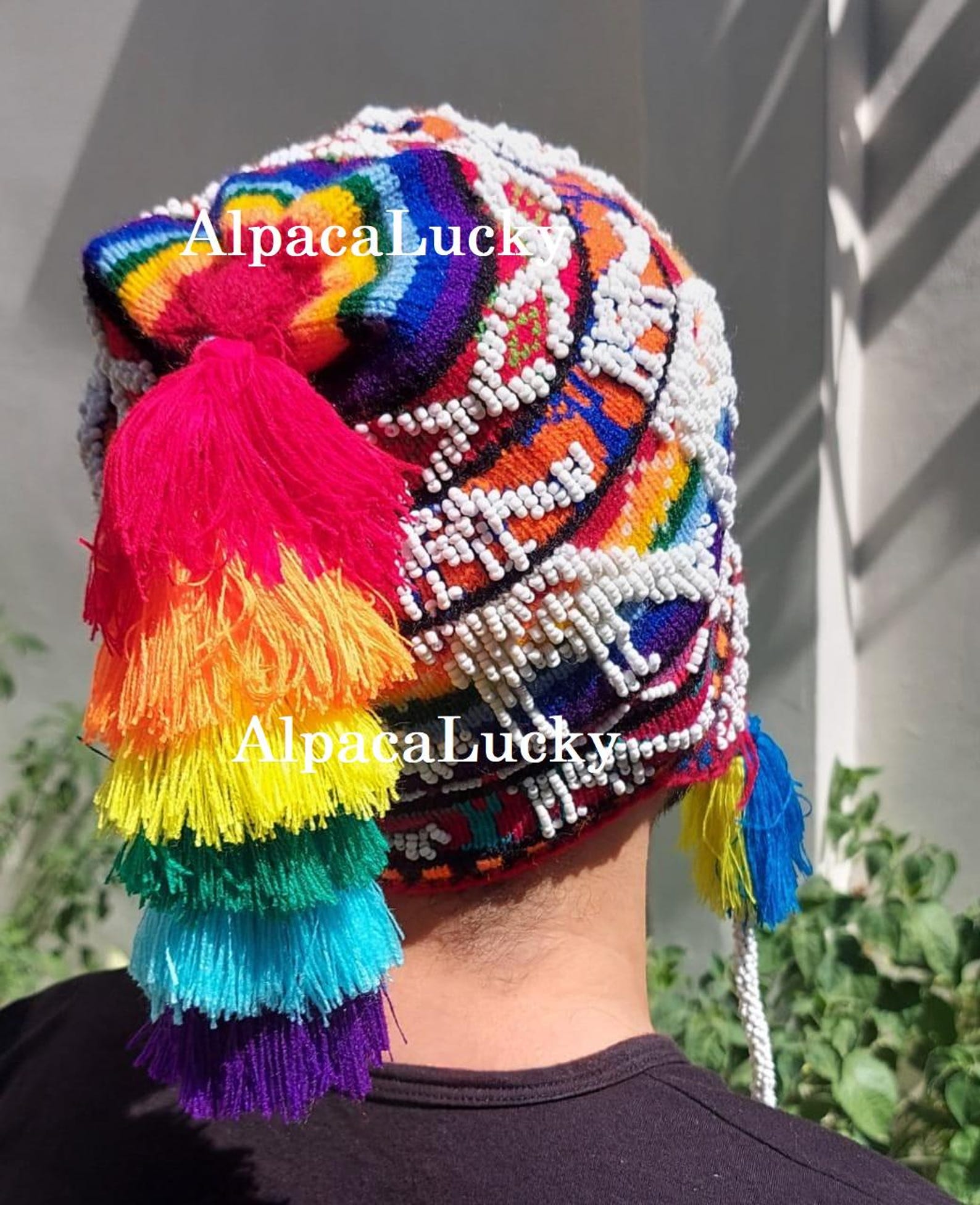 Peruvian Chullo With Beads Pom Pom Colorful Unisex Wool Earflaps Q'ero ...