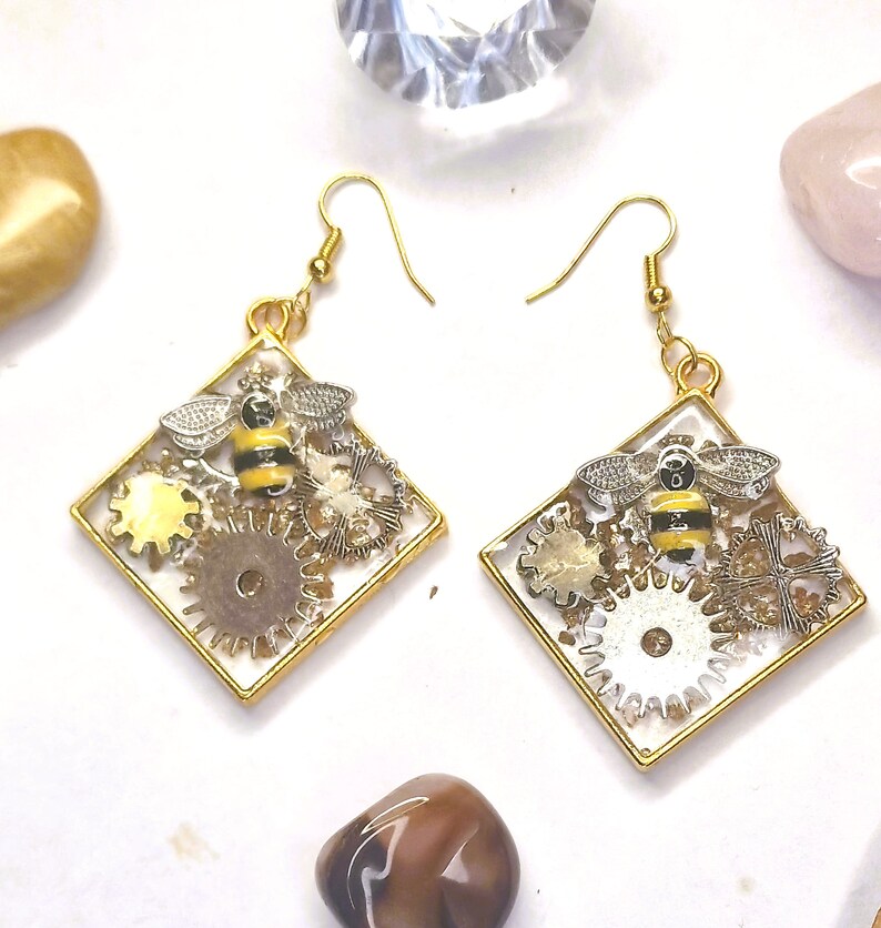 Bee and Cogwork Steampunk Resin Earrings Handmade Square Shaped ...