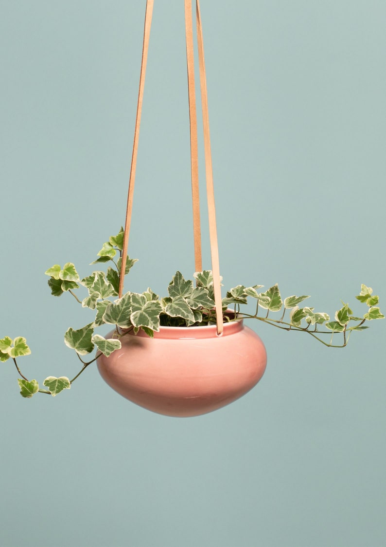 Hanging Flower Pot Pink Ceramic Hanging Planter Leather | Etsy