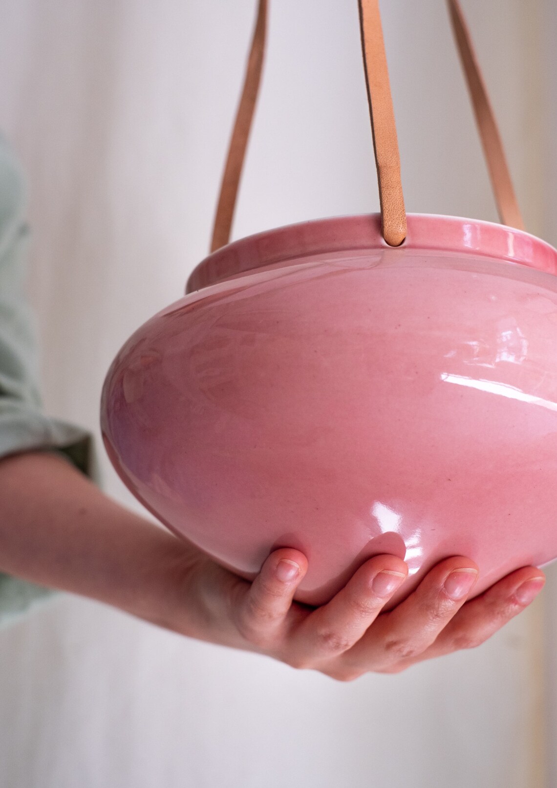 Hanging Flower Pot Pink Ceramic Hanging Planter Leather - Etsy
