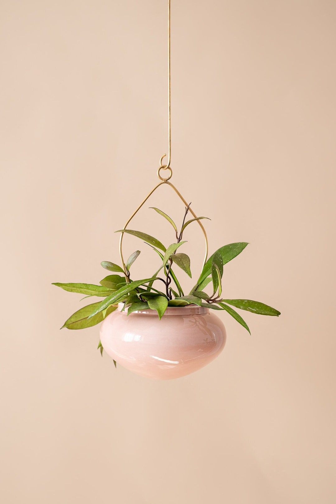 Hanging Planter, Ceramic Hanging Planter, Brass Pendant, Pink-colored ...