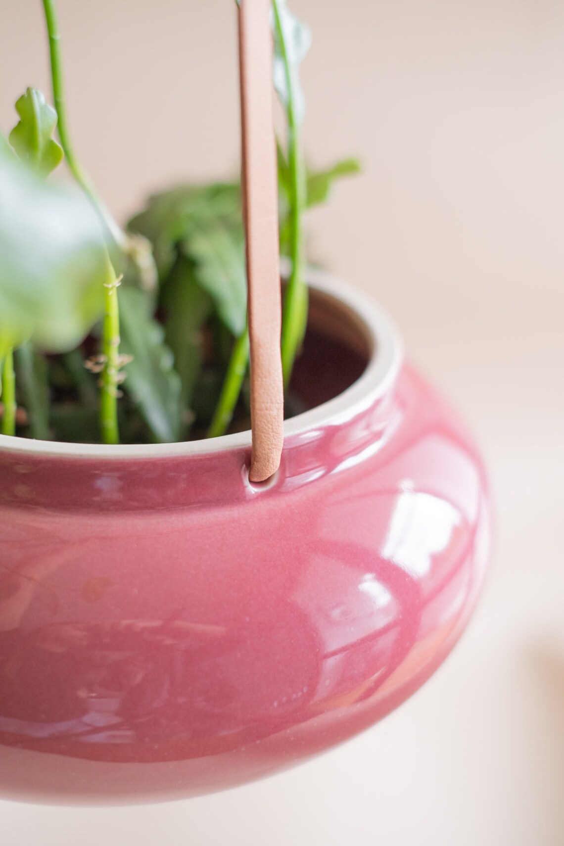 Hanging Flower Pot Pink Ceramic Hanging Planter Leather - Etsy