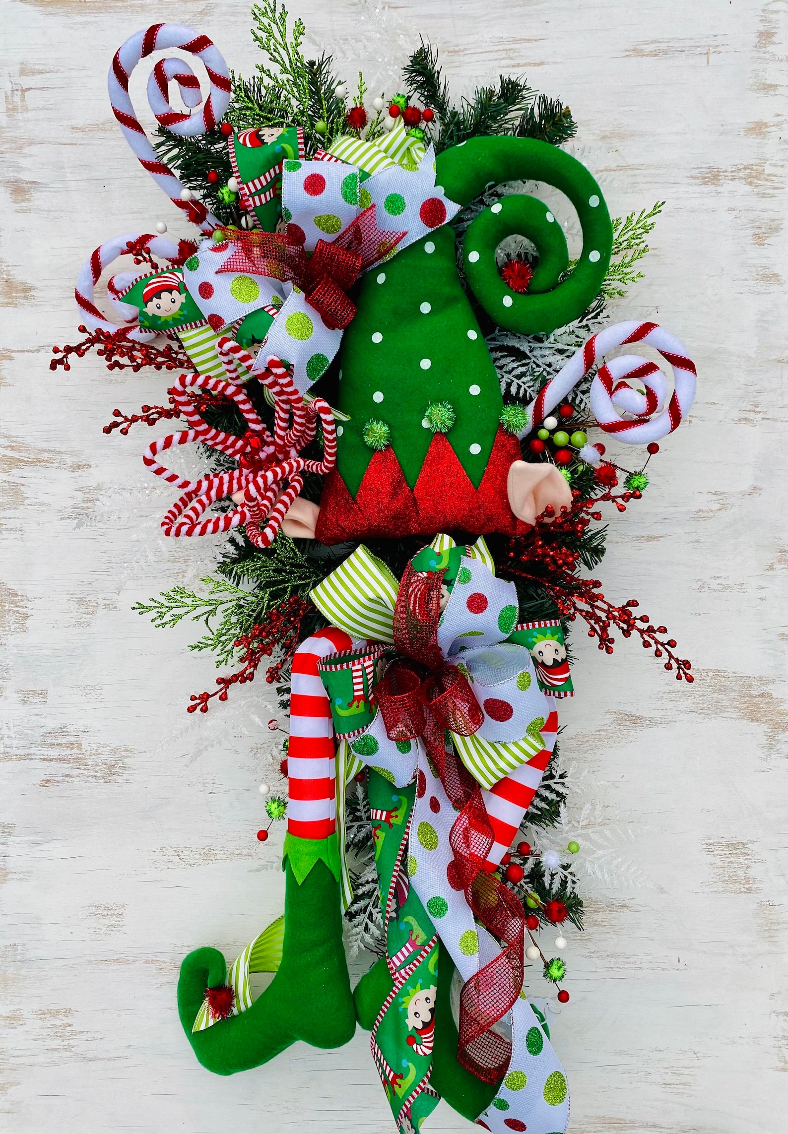 Whimsical Christmas Elf Swag Wreath, Winter Front Door Decor, - Etsy