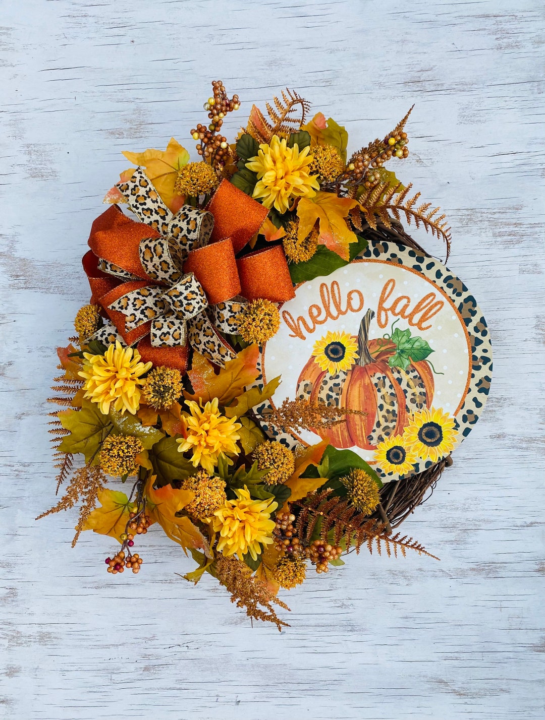 Hello Fall Wreath, Fall Cheetah Wreath, Pumpkin Wreath, Fall Grapevine ...